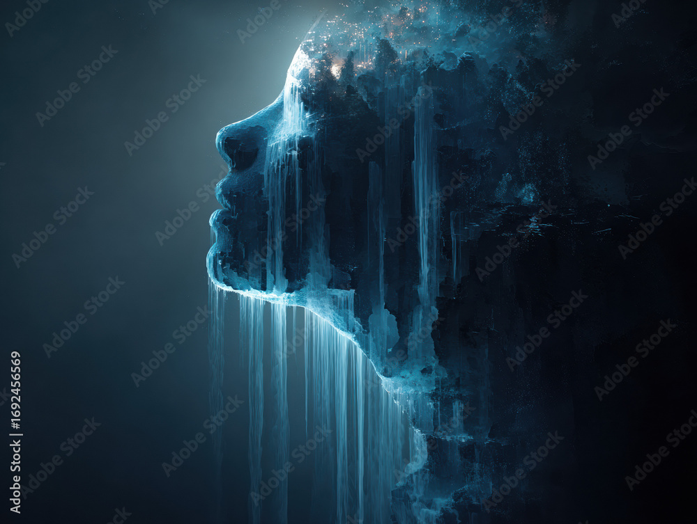 Crying face transforms into glowing waterfalls creating an ethereal ...