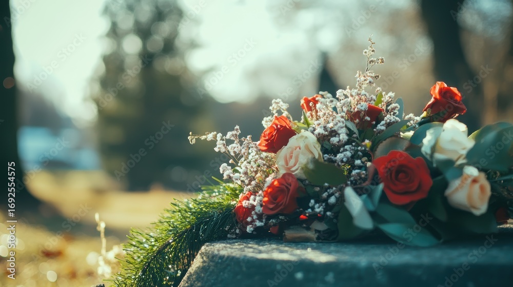 Mournful grieving with funeral wreath including red and cream roses ...