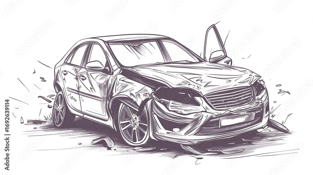 Sketch of a car crash. Damaged vehicle in a crash with broken parts and ...