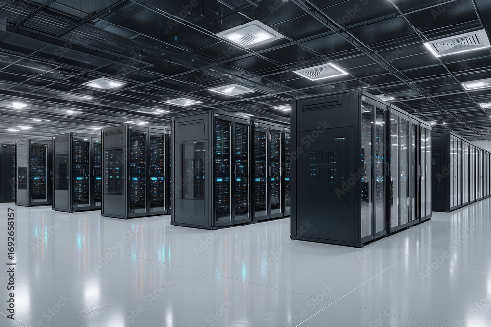 Rows of server racks fill a modern data center, illuminated by cool ...