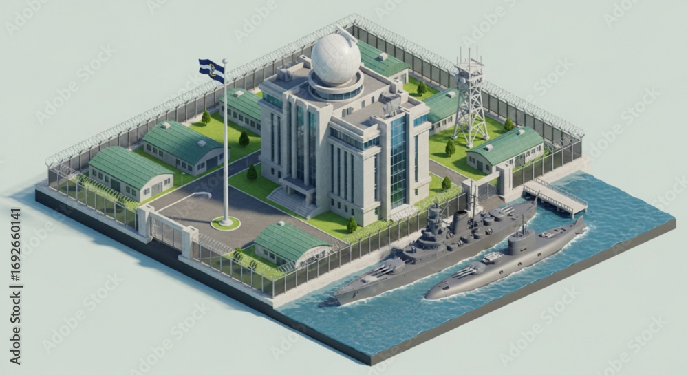 Isometric military naval base radar station battleship submarine ...