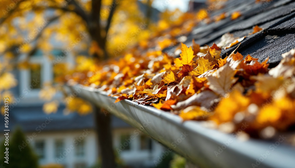Gutter overflowing with autumn leaves under shingled roof, close-up ...