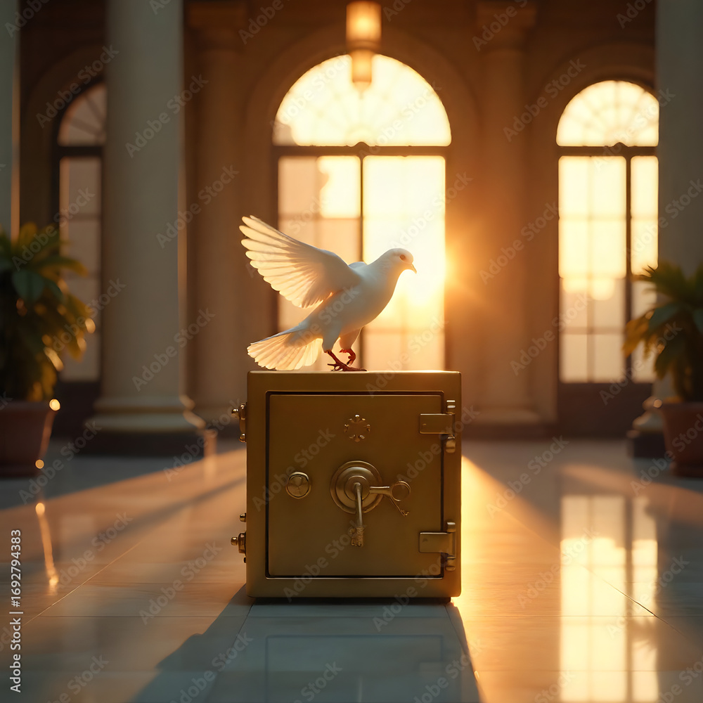 Elegant White Dove Landing on Golden Safe Box in Sunlight Stock Photo ...
