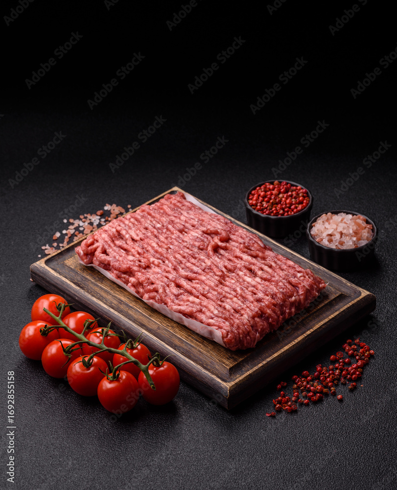 Raw ground beef or pork, fresh meat for burgers or other dishes. Raw ...