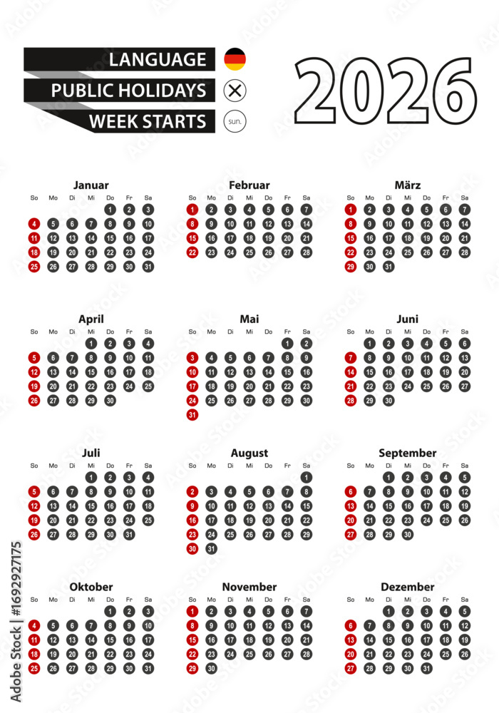 German calendar 2026 with numbers in circles, week starts on Sunday ...