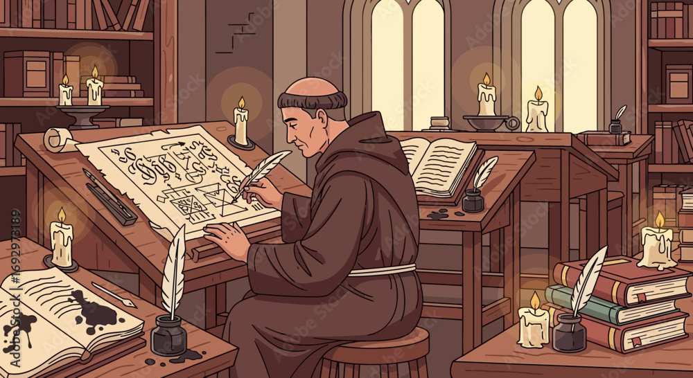 Medieval Monk Transcribing Ancient Manuscripts by Candlelight in a ...