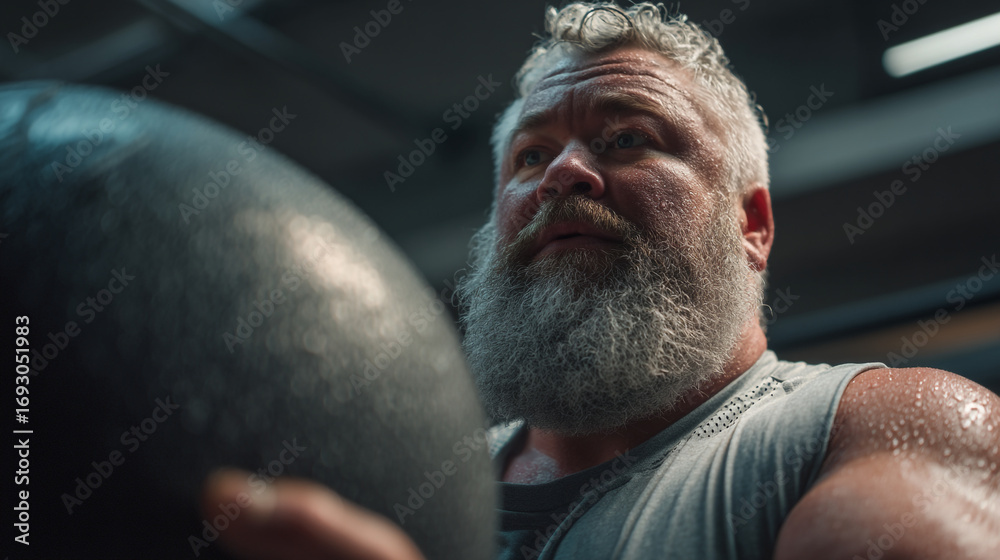 Sweaty man with gray hair and beard lifting a large black ball in a gym ...