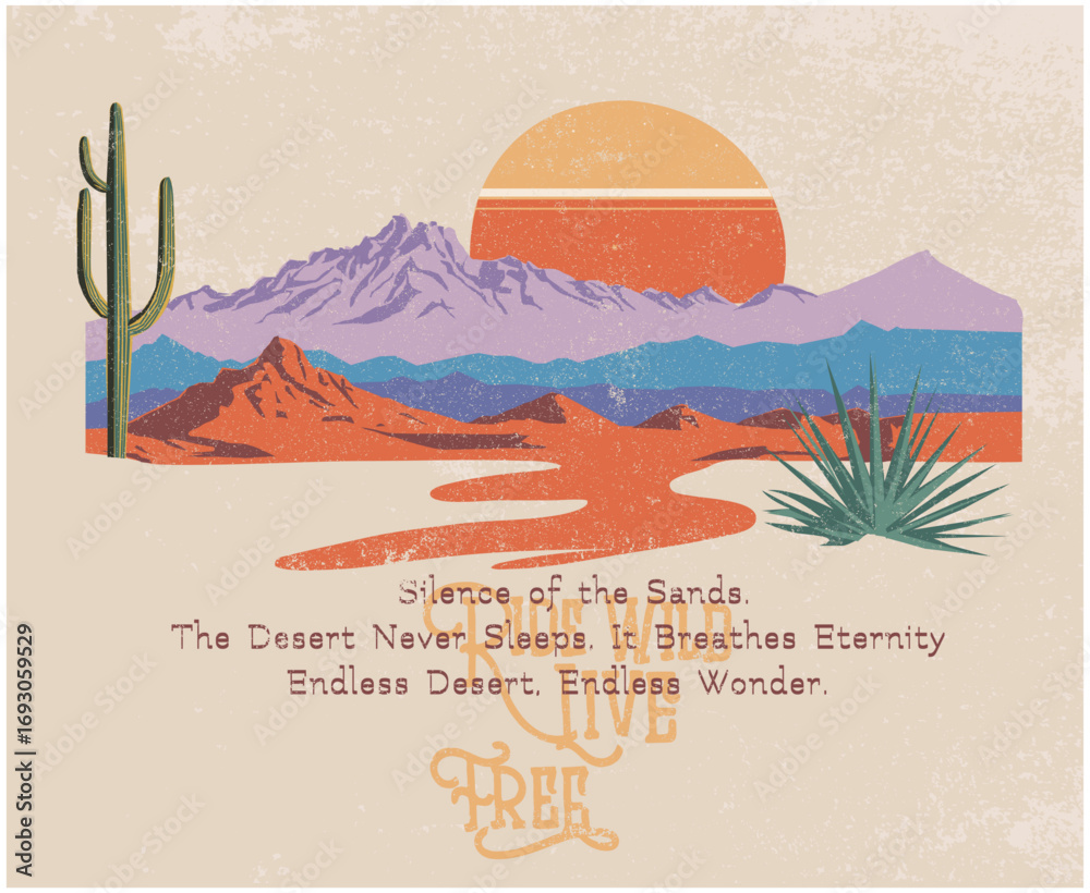 Vintage desert landscape illustration featuring a retro sunset ...