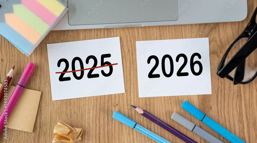 Zdjęcie bez tantiem: Paper with crossed out inscription 2025 and 2026 ...