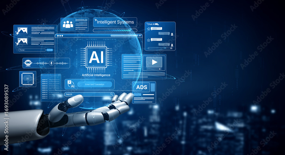 AI brain processes big data with generative AI, LLMs, and machine learning to support business ...