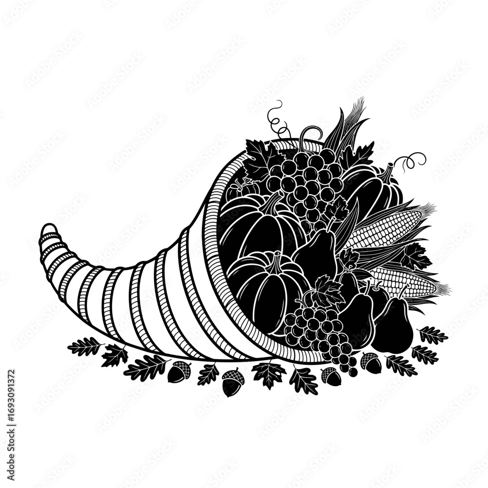 Vector art of a bountiful cornucopia overflowing with pumpkins, grapes ...