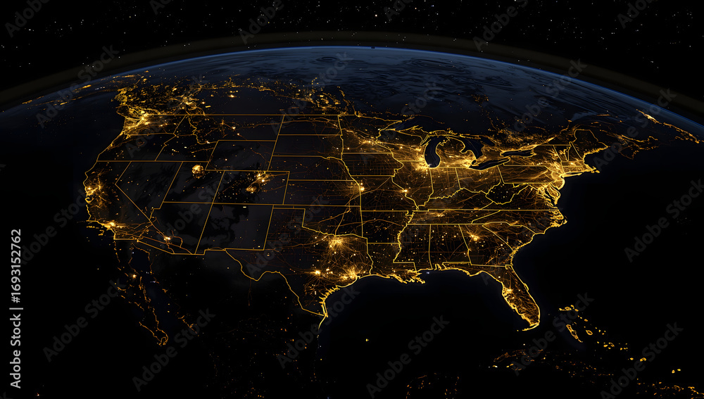 Satellite View of United States at Night with Illuminated Cities and ...