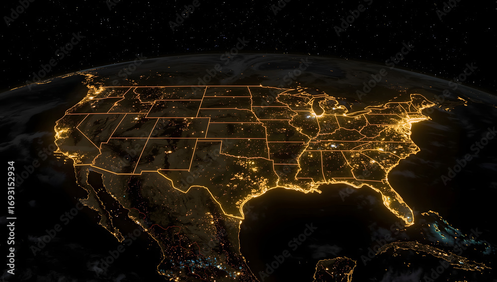 Nighttime Map of United States with Glowing Borders and Urban Light ...