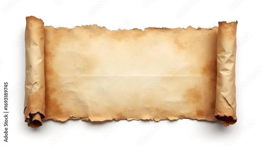 Old vintage parchment scroll unrolled with torn edges and rolled ends ...