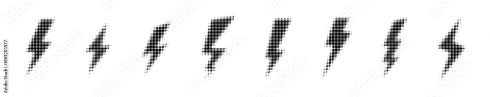 Halftone lightning icons. Lightening bolt, grunge thunderbolt storm and ...