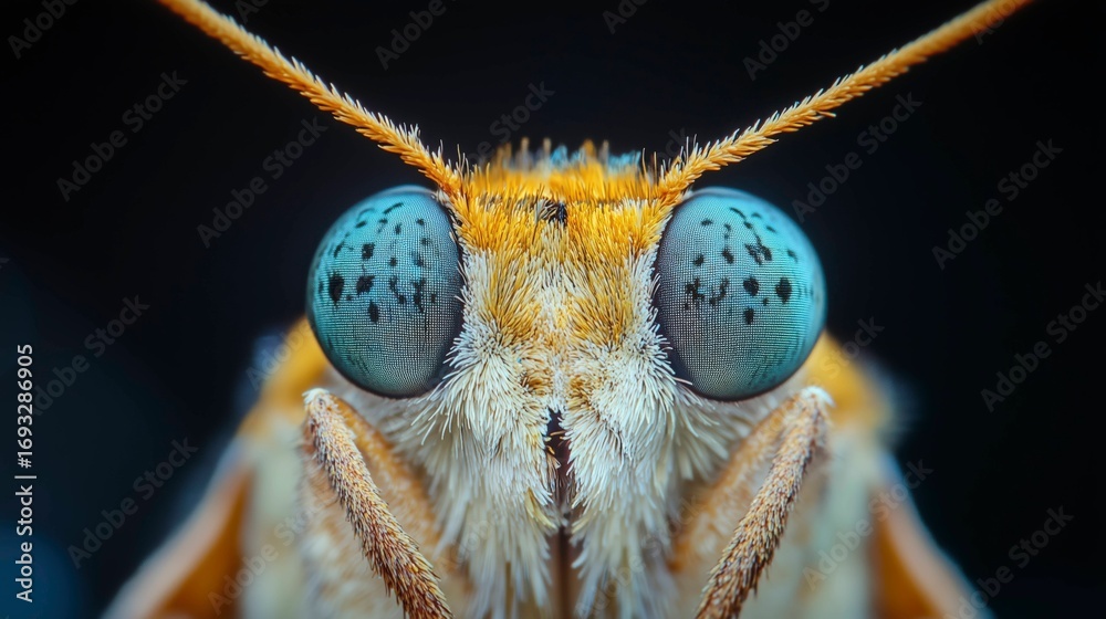 Extreme macro portrait of a moth's face showing textured scales, bright ...