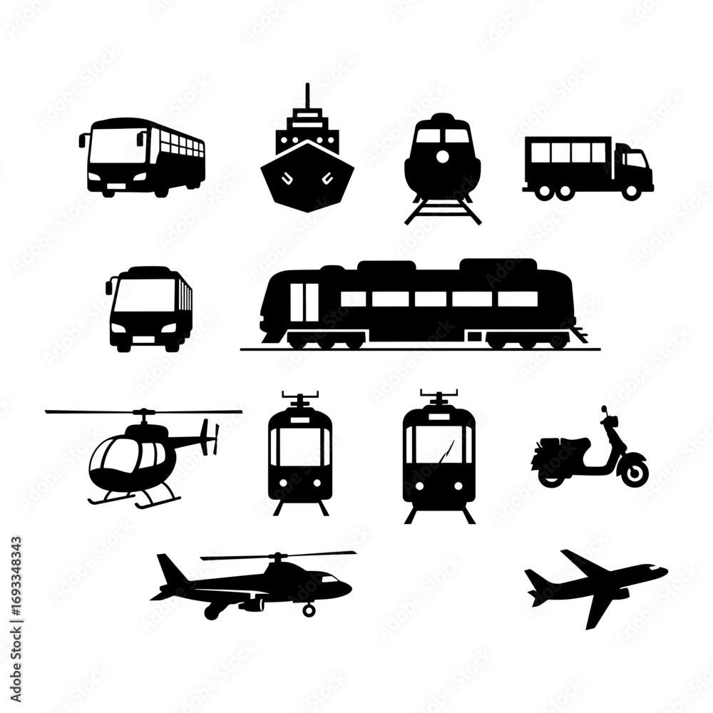 Illustration showing various modes of transport including bus train ...