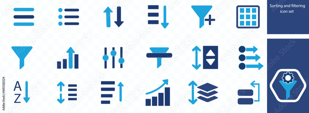 Sorting and filtering icon set. filter, list, arrange, refine, sort ...