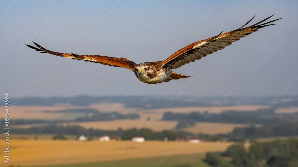 Red tailed hawk soaring gracefully through the air with wings spread ...