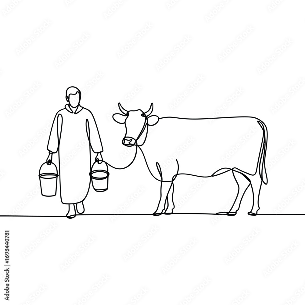 Farmer milking a cow with buckets in a simple line drawing Stock Vector ...