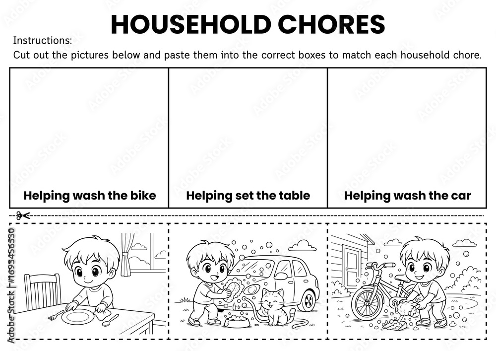 Fun household chores cut and paste activity! Kids match pictures with ...