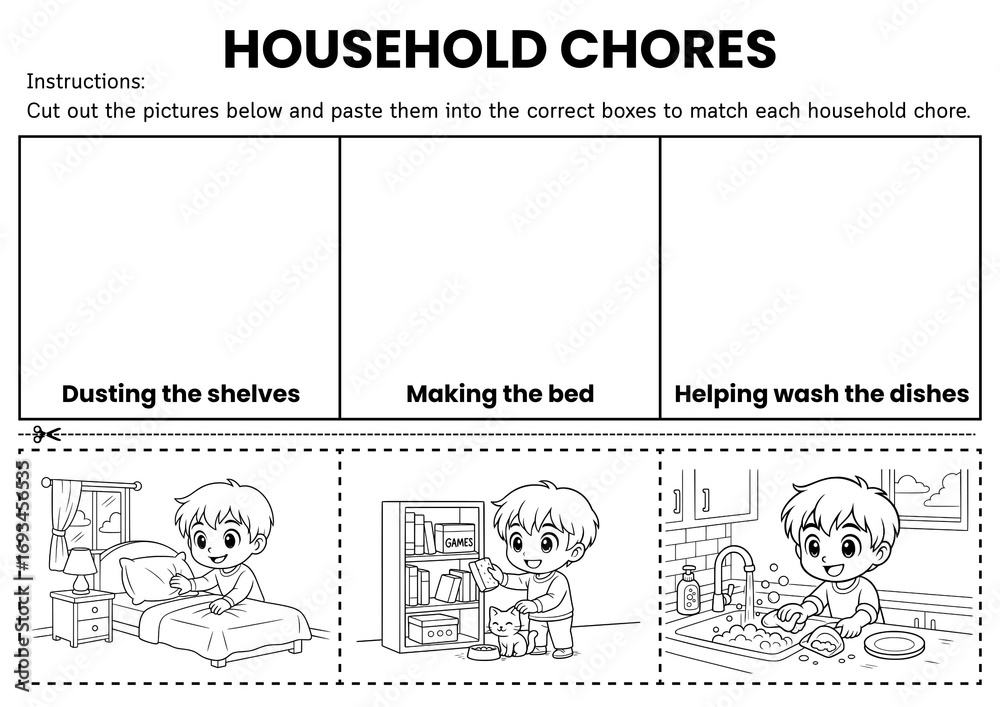 Fun household chores cut and paste activity! Kids match pictures with ...