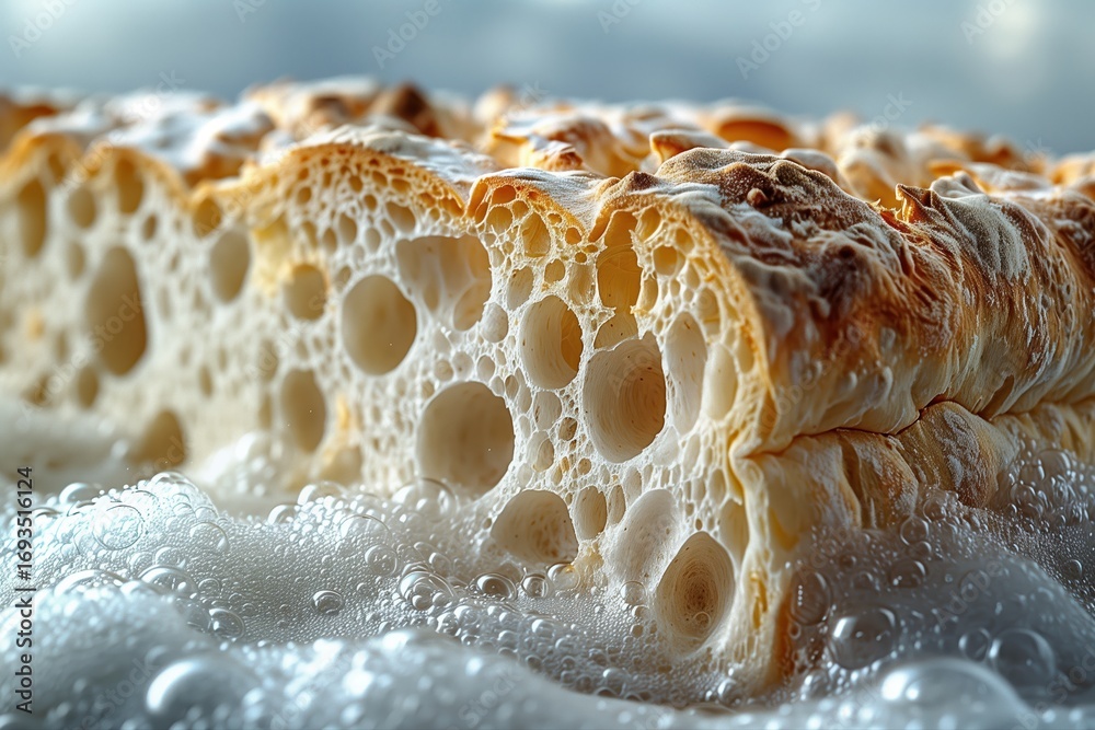 Artisan bread crumb texture with porous golden crust and airy foam ...