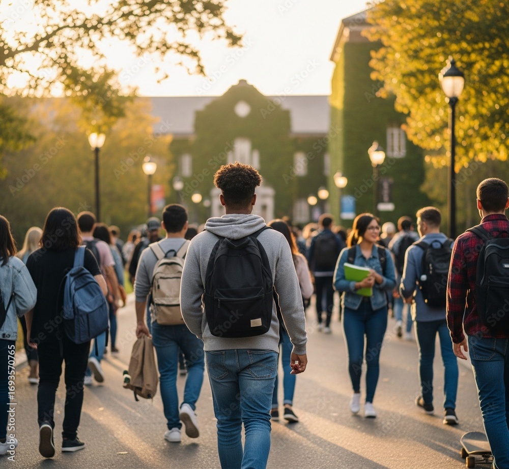 Black college student going back to school with crowd of students Stock ...