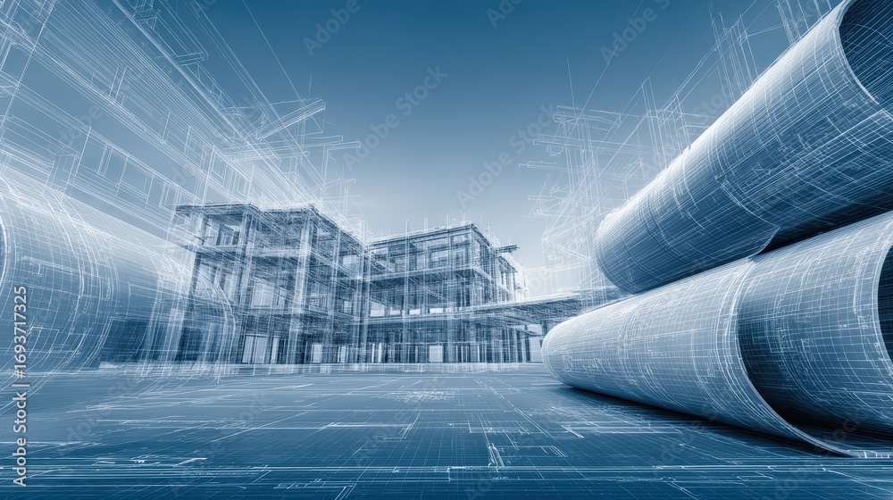 Striking Architectural Render of a Building with Detailed Blueprint ...