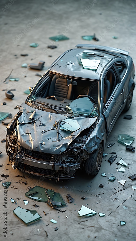 Devastating car crash aftermath with shattered glass and crumpled metal ...