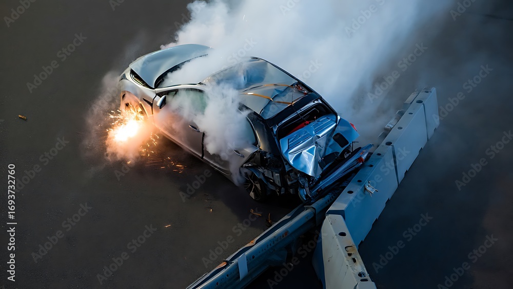 Dramatic Car Crash Scene with Smoke and Sparks Against Concrete Barrier ...