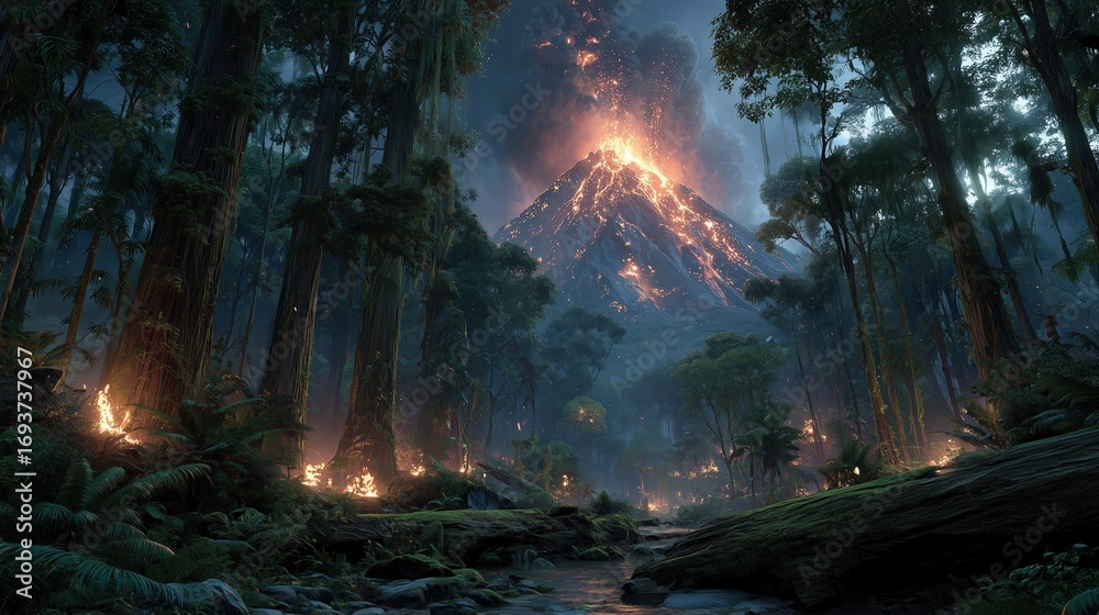 Illustration Stock Cinematic hyper-realistic massive volcanic eruption ...