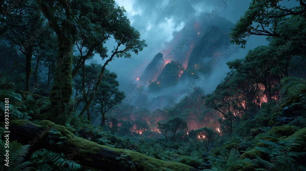 Cinematic hyper-realistic massive volcanic eruption in prehistoric ...