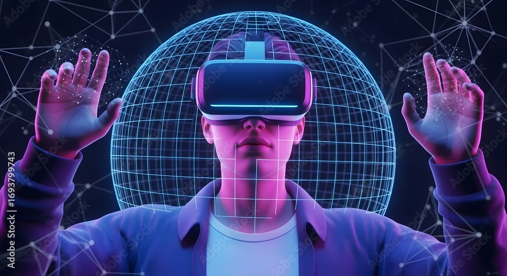 Virtual reality headset and technology background. Concepts of hacking ...