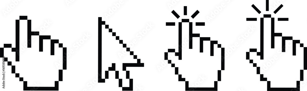 Pixel mouse cursor and hand pointer vector icons, digital click symbols ...