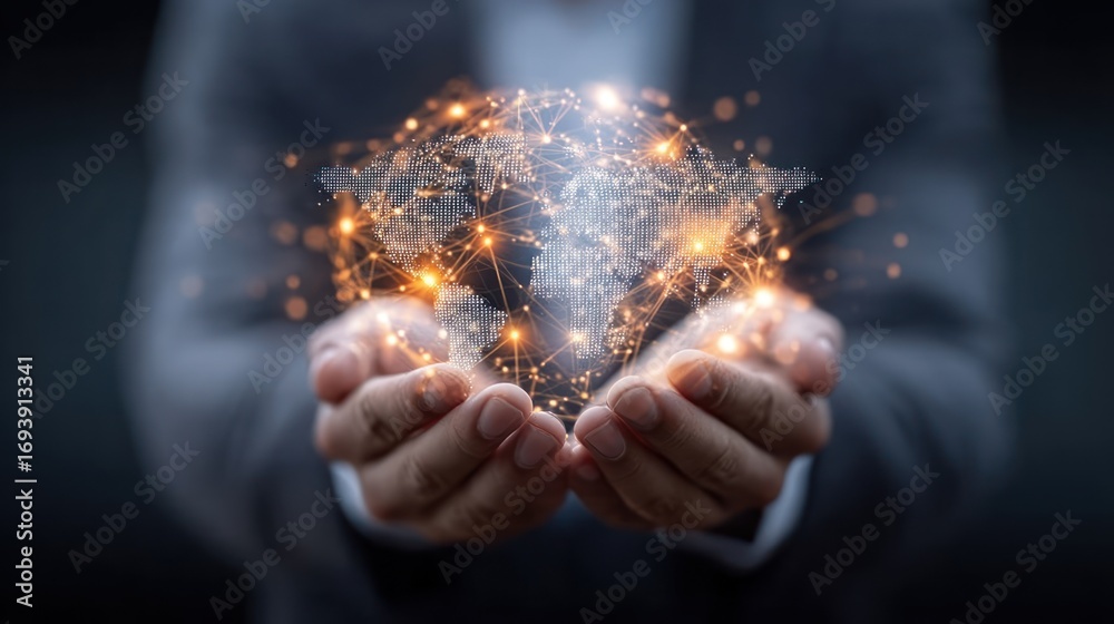 Cupped hands hold a glowing, interconnected world network. Suit sleeves ...