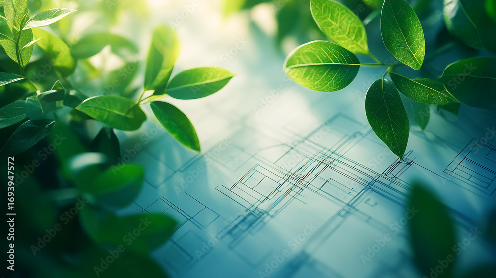Blueprints surrounded by greenery symbolize eco-friendly construction ...
