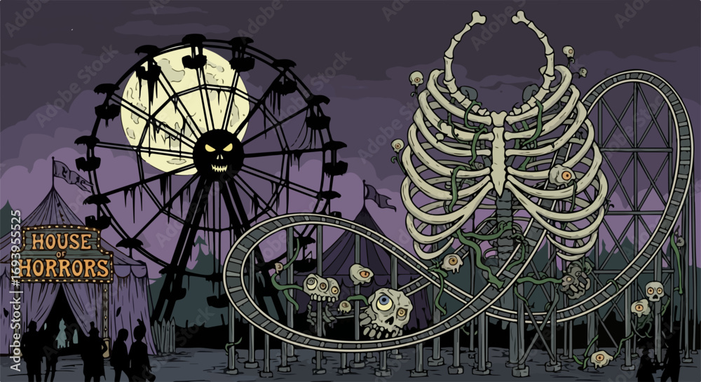 Halloween background depicting spooky amusement park featuring haunted ...