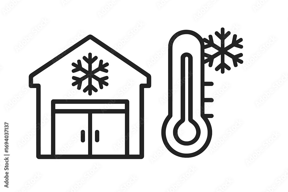 Cold storage warehouse icon. Freezer unit and thermometer with ...