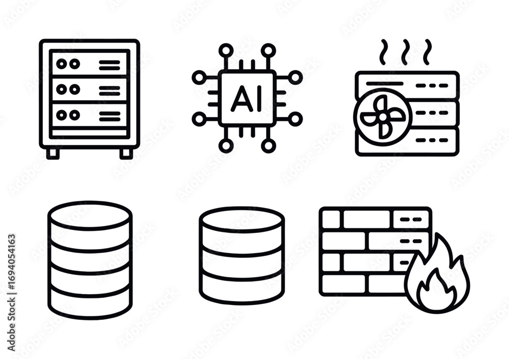 Data storage and ai technology icons with server, ai chip, and security ...
