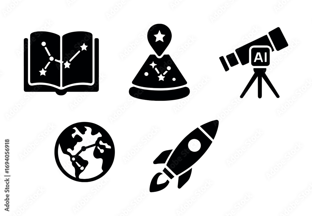 Astronomy icons: book, map, telescope, globe, rocket - education and ...
