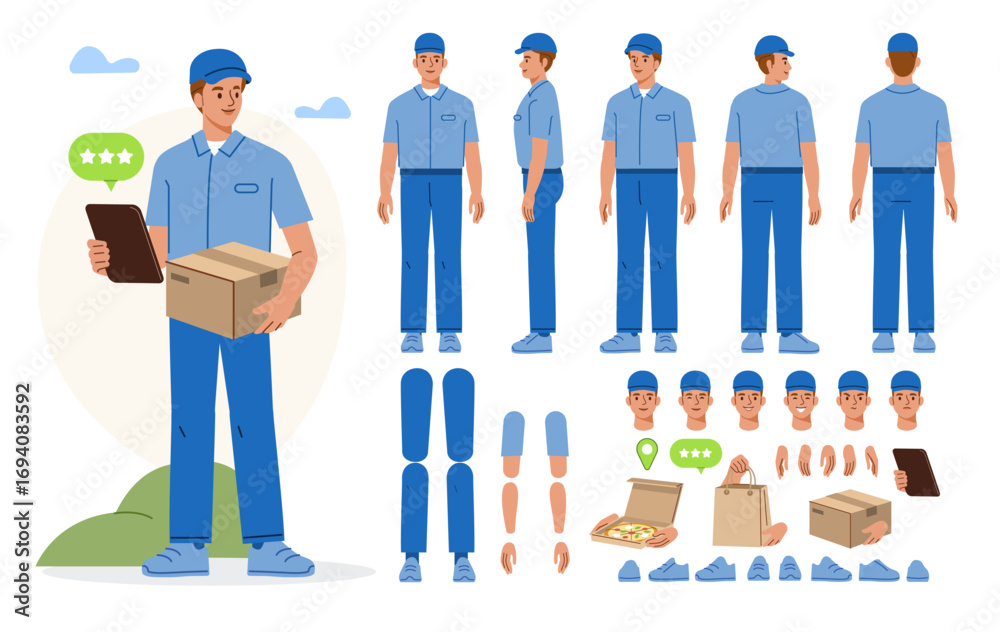 เวกเตอร์ Stock Delivery man, courier holding tablet and package near ...