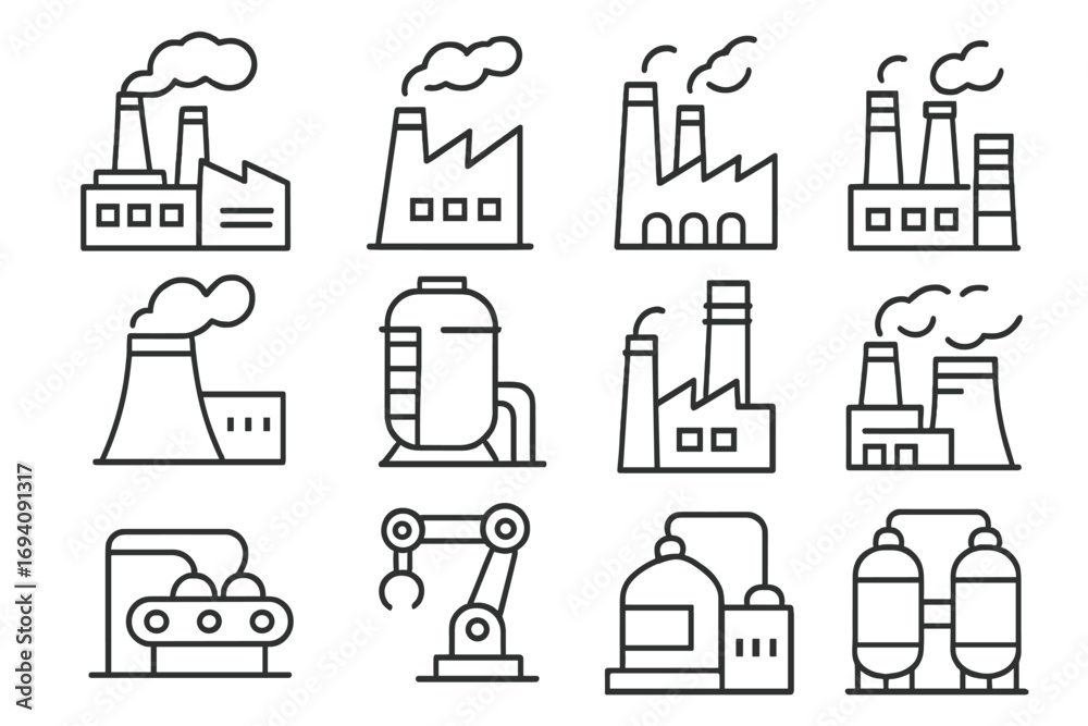Stock-Vektorgrafik „Factory industry line icon set. Vector outline ...