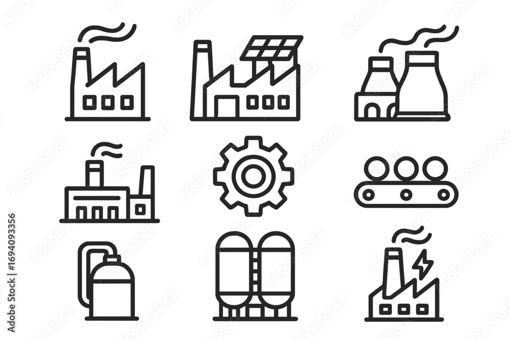 Factory and industry outline icon set. Vector collection of industrial ...