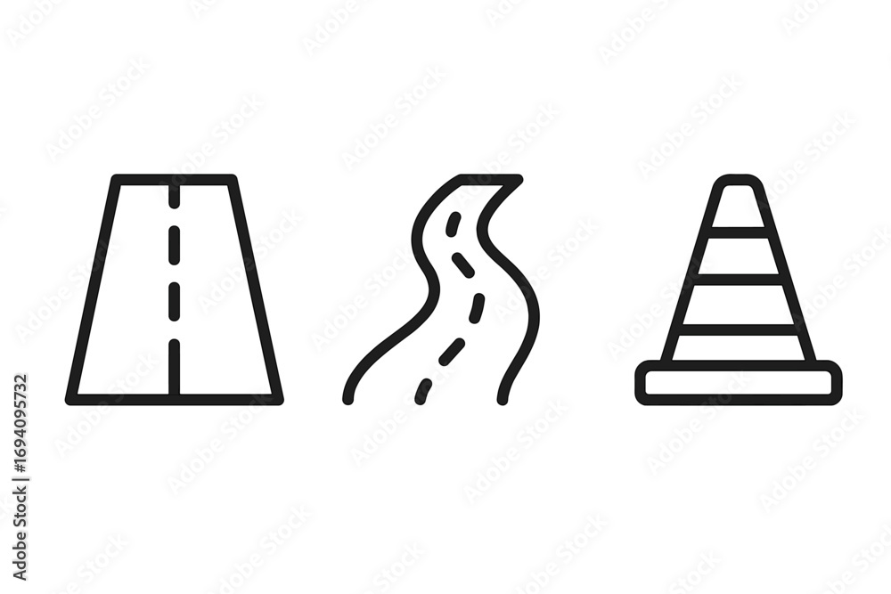 Road and path icon set. Straight highway, winding street, and traffic ...
