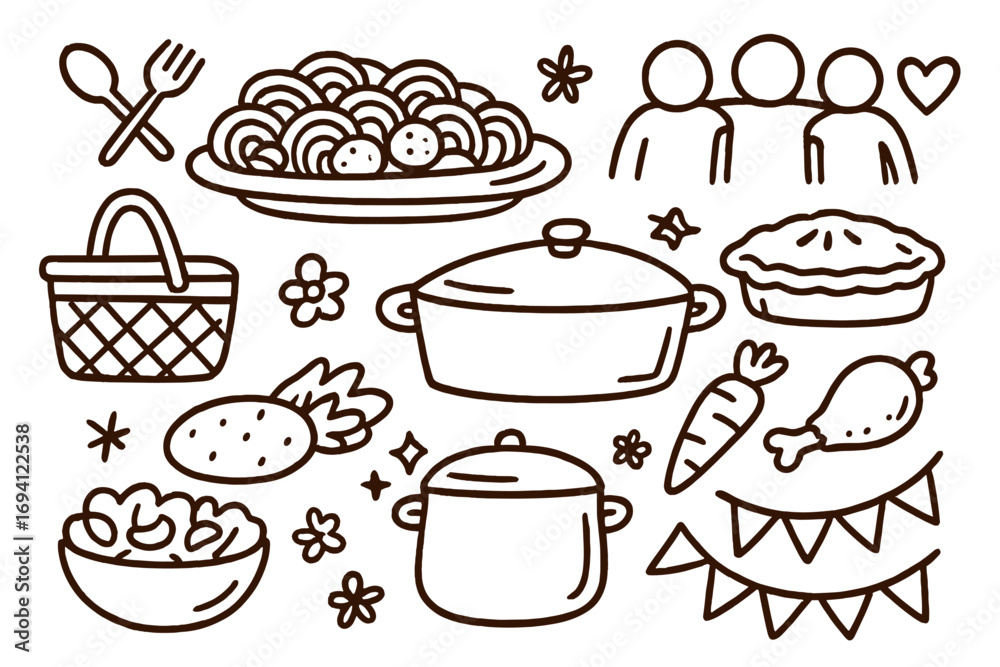 Potluck party doodle set with food and community icons. Hand drawn ...