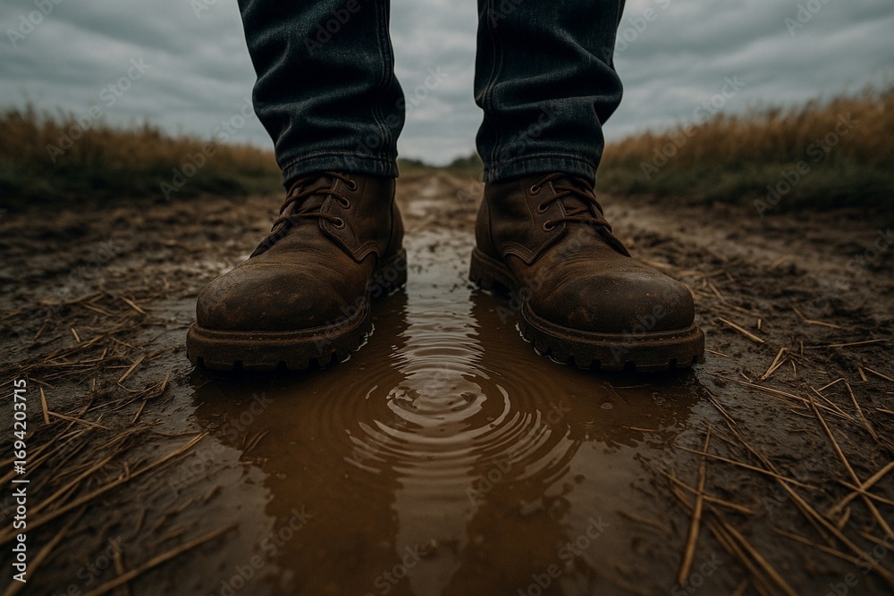 Stock-Foto „Muddy Boots on Earth: A close-up shot captures a person's ...