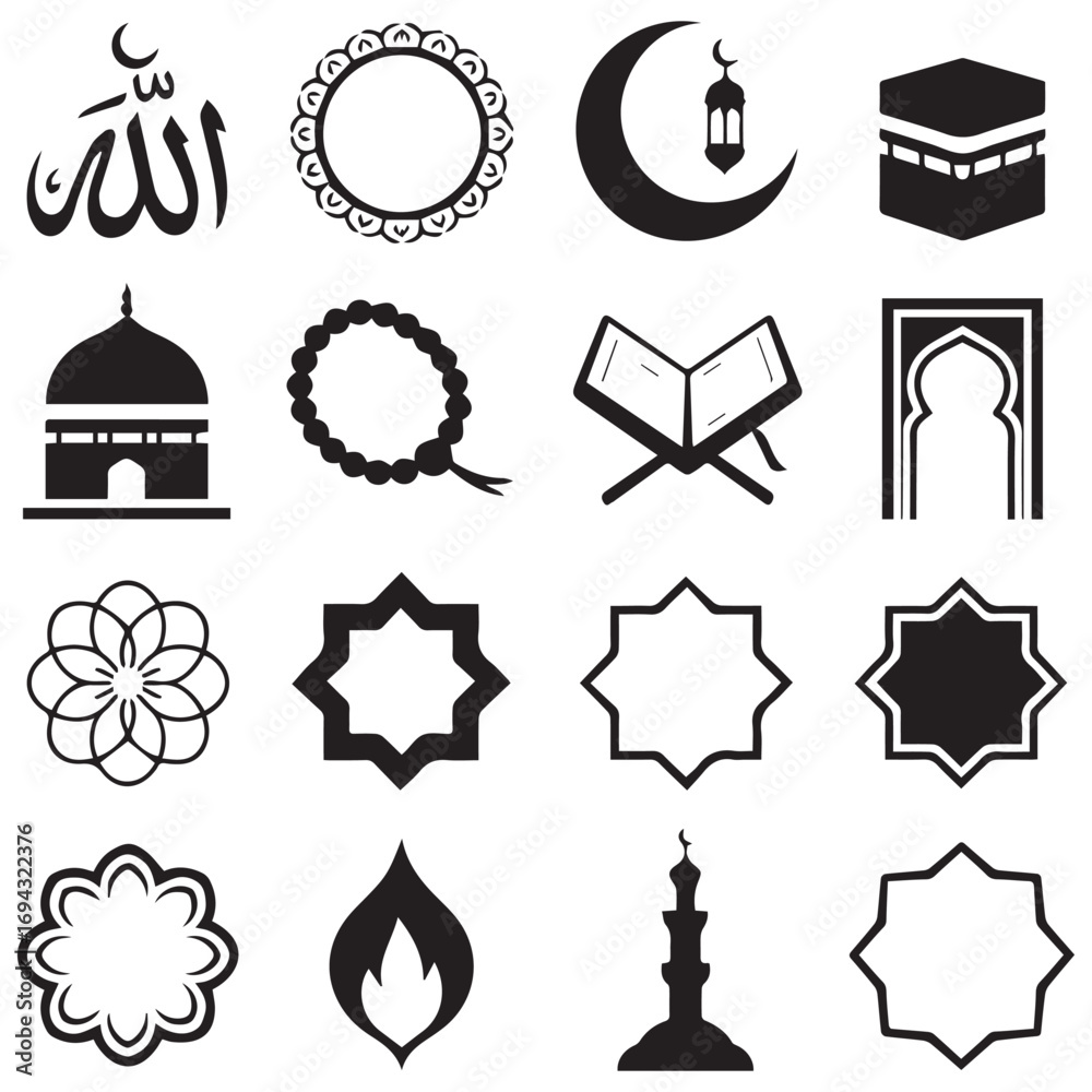 Collection of islamic symbols and icons featuring allah calligraphy ...