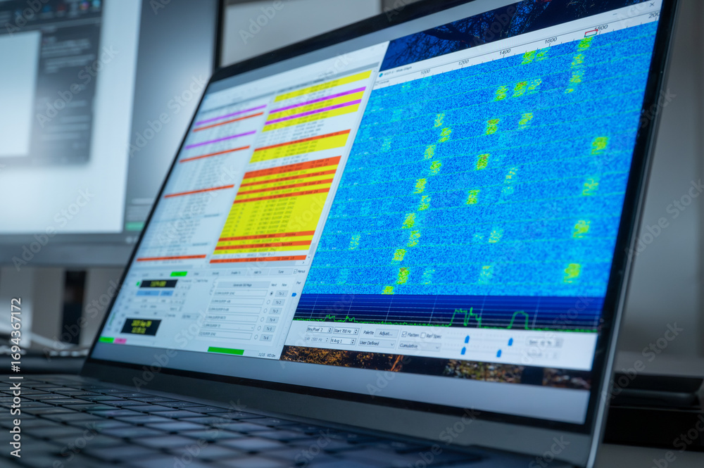 Laptop screen running WSJT-X software used in amateur radio for digital ...