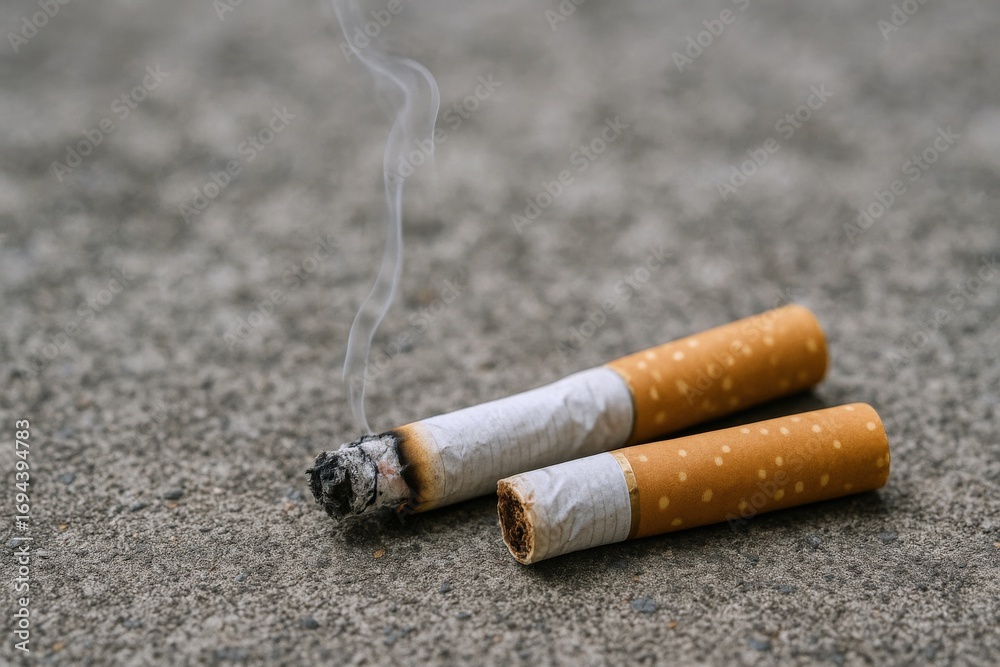 Smoldering Cigarette Butt and Unlit Cigarette on Concrete, Representing ...